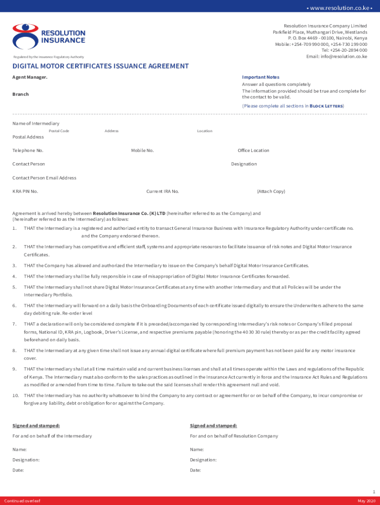 Fillable Online DIGITAL MOTOR CERTIFICATES ISSUANCE AGREEMENT Fax Email ...