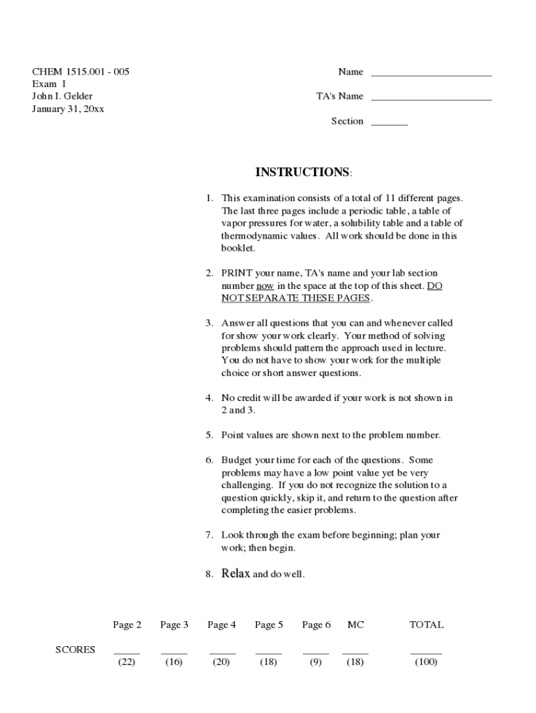 Fillable Online genchem1 chem okstate Sample Exam 1515 Exam 1 Fax Email ...