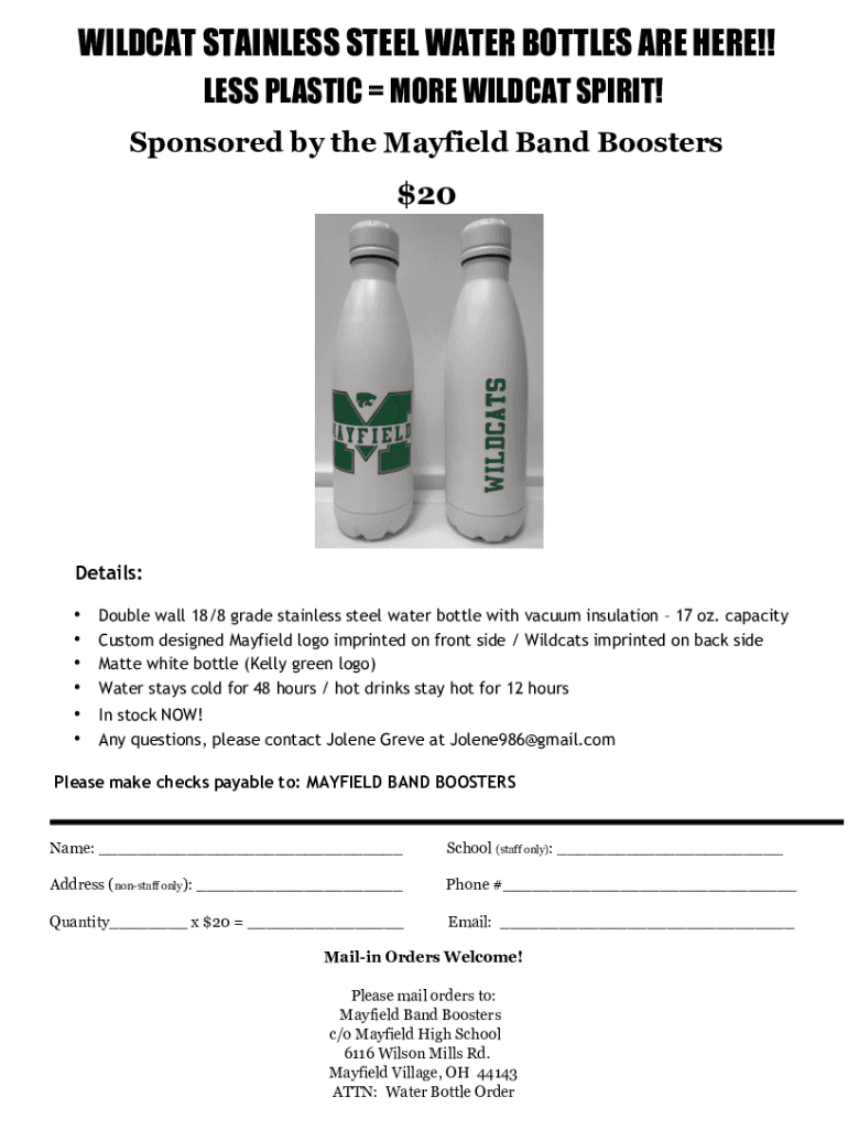 Fillable Online WILDCAT STAINLESS STEEL WATER BOTTLES ARE HERE!! Fax ...