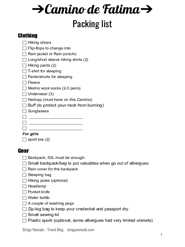Fillable Online Camino Clothing - Camino de Santiago Packing List ...