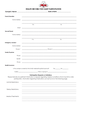 Fillable Online camper health history form 1 - Johnny B's Inc. Fax ...