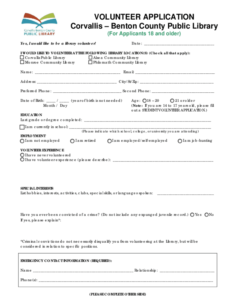 Fillable Online Volunteer at the Library - Corvallis-Benton County ...