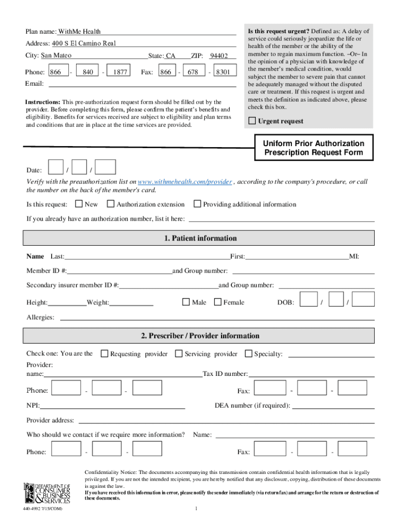 Fillable Online Uniform Prior Authorization Prescription Request, form ...