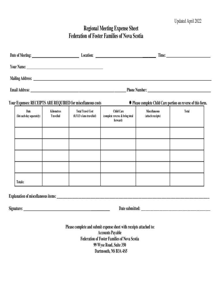 Fillable Online Committee Member Expense Sheet Federation of Foster ...