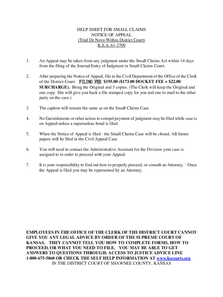 Fillable Online HELP SHEET FOR SMALL CLAIMS NOTICE OF APPEAL ... Fax ...