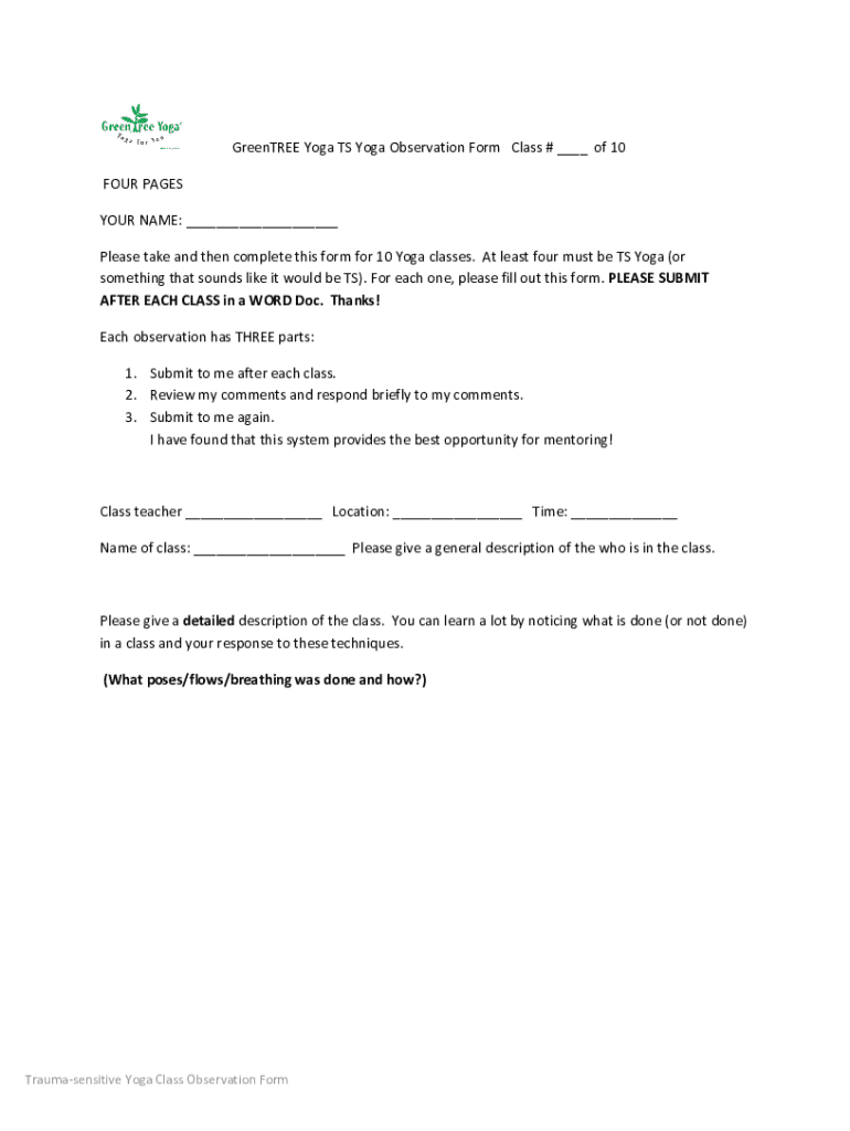 Fillable Online GreenTREE Yoga TS Yoga Observation Form Class # of 10 ...