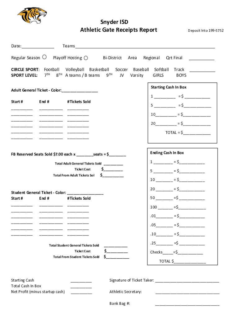Fillable Online Snyder ISD Athletic Gate Receipts Report - AWS Fax ...