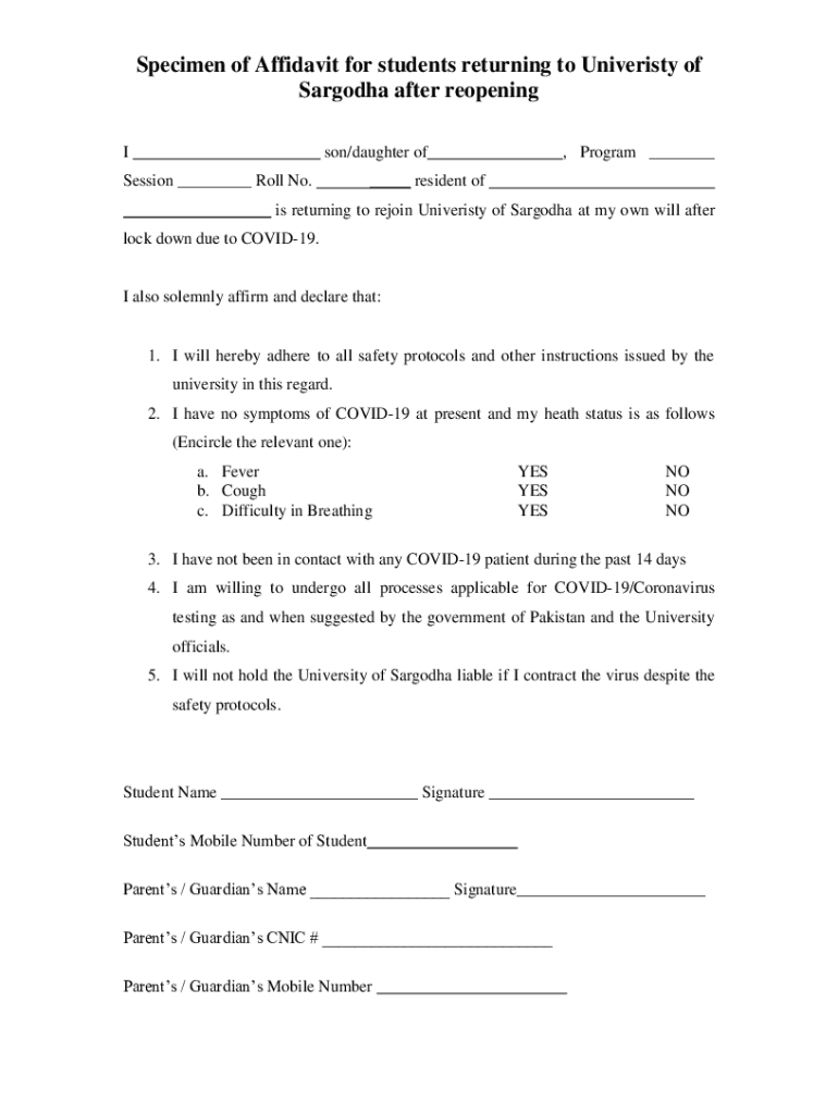Fillable Online Specimen of Affidavit for students returning to ...