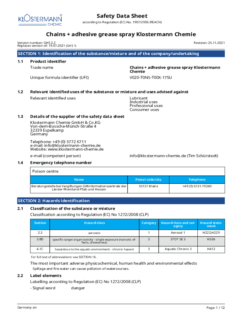 Fillable Online Safety Data Sheet: Chains + adhesive grease spray Klostermann ... Fax Email ...
