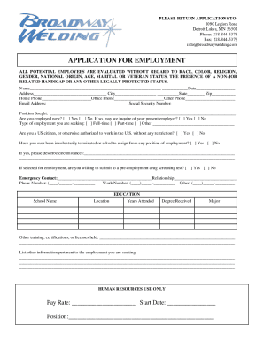 Fillable Online APPLICATION FOR EMPLOYMENT - Broadway Welding Fax Email ...