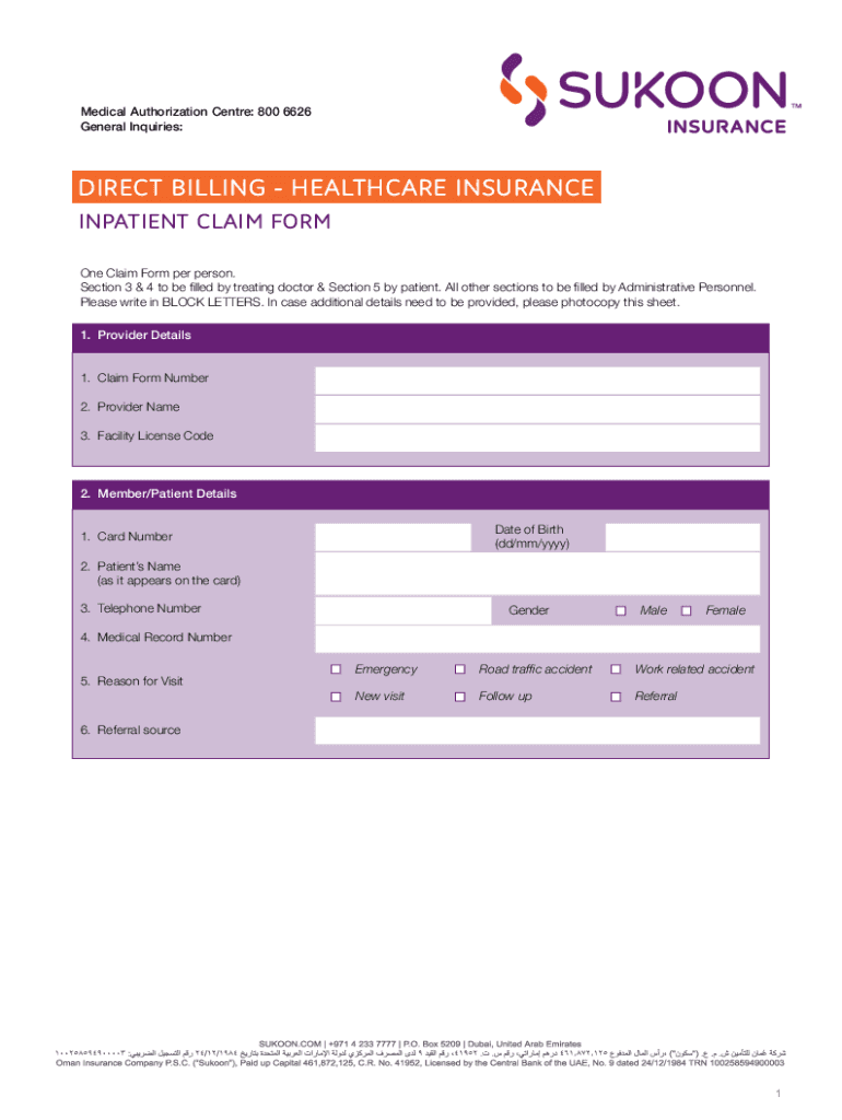 Fillable Online direct billing - healthcare insurance - inpatient claim ...