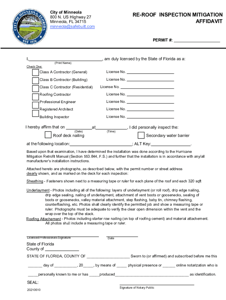 Fillable Online Roof Inspection Mitigation Affidavit.docx - City of ...