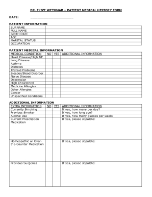Fillable Online PATIENT MEDICAL HISTORY FORM DATE ... - DR. ELIZE ...