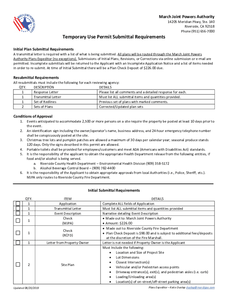 Fillable Online Temporary Use Permit Submittal Requirements - March ...