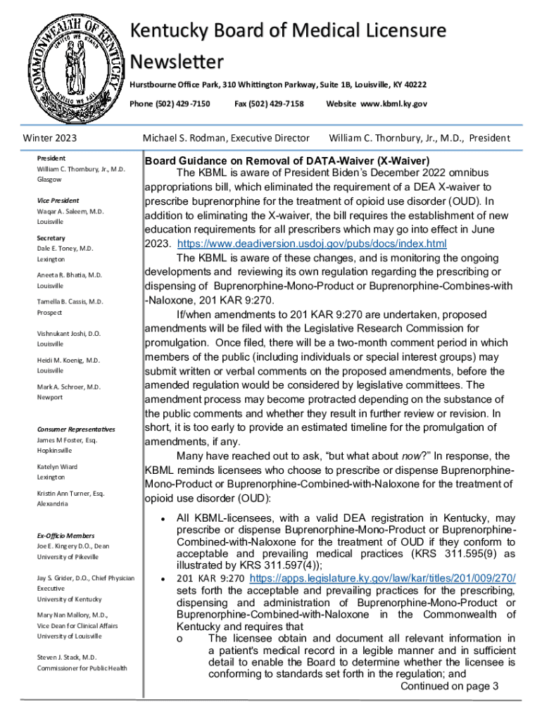 Fillable Online kbml ky 2023 Winter - Kentucky Board of Medical ...