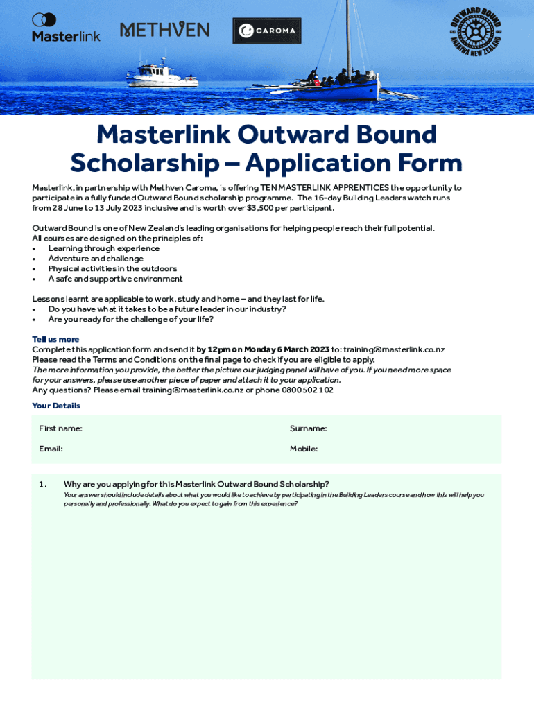 Fillable Online Masterlink Outward Bound ScholarshipApplication Form Fax Email Print - pdfFiller