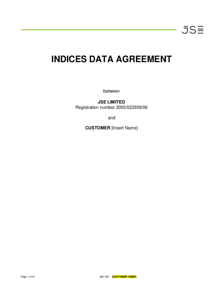 Fillable Online INDICES DATA AGREEMENT - Johannesburg Stock Exchange ...