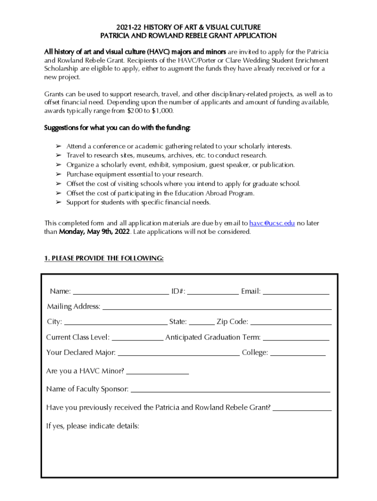 Fillable Online havc ucsc Patricia and Rowland Rebele Grant Application ...