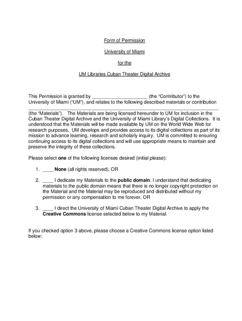 Fillable Online ctda library miami Form of Permission University of Miami for the UM Libraries ...