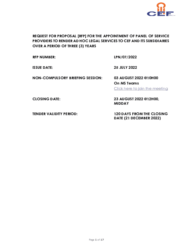 Fillable Online Request for Proposal rfp for the Appointment of Panel of ... Fax Email Print ...