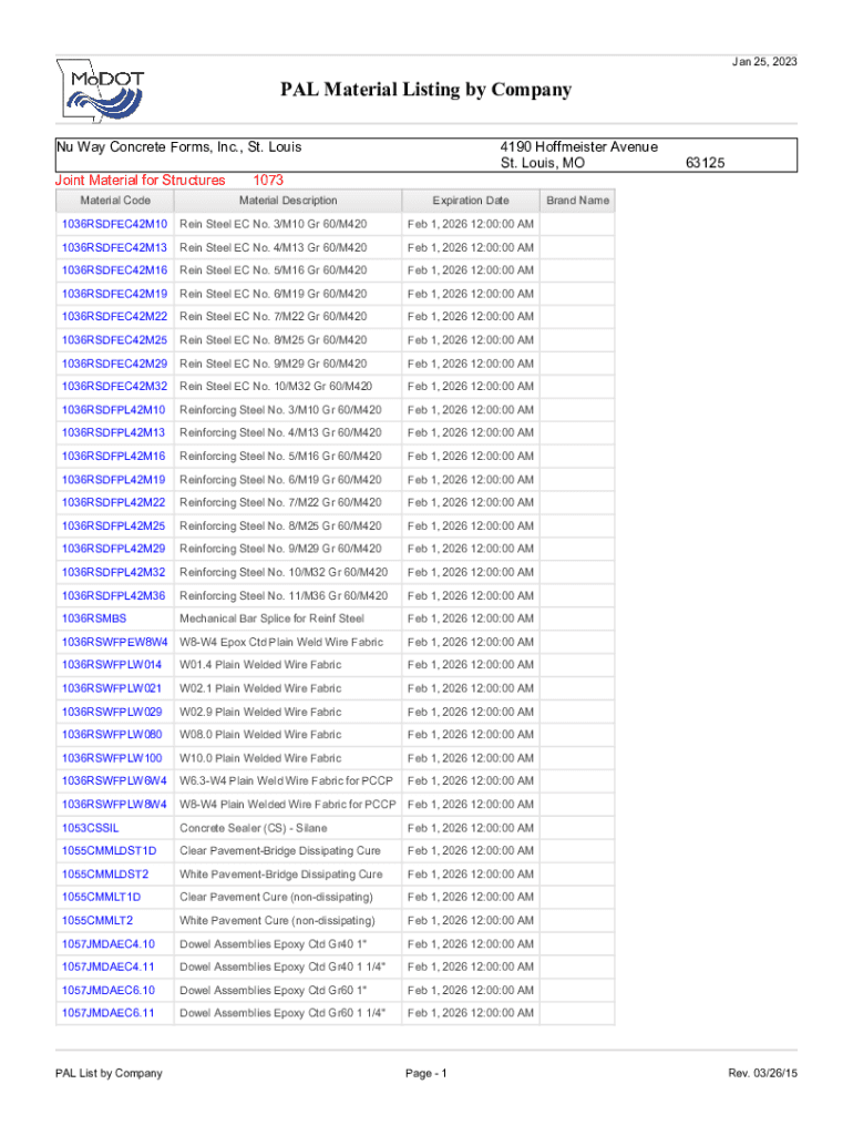 Fillable Online PAL Material Listing by Company Nu Way Concrete Forms ...