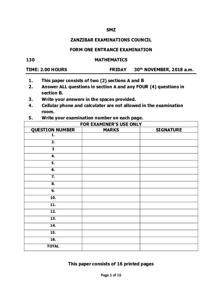 Fillable Online SMZ ZANZIBAR EXAMINATIONS COUNCIL FORM ONE ... Fax Email Print - pdfFiller