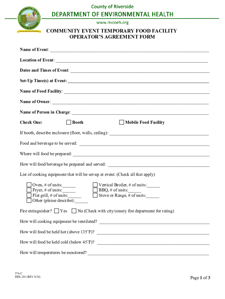 Fillable Online community event temporary food facility operator's agreement form Fax Email ...