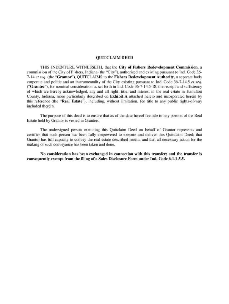 Fillable Online QUITCLAIM DEED THIS INDENTURE WITNESSETH, that the City ...
