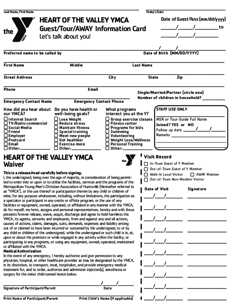Fillable Online Guest Facility Use/Shower Pass Application YMCA ...