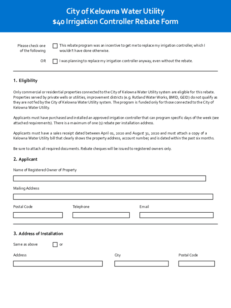Fillable Online City of Kelowna Water Utility $40 Irrigation Controller Rebate Form Fax Email ...