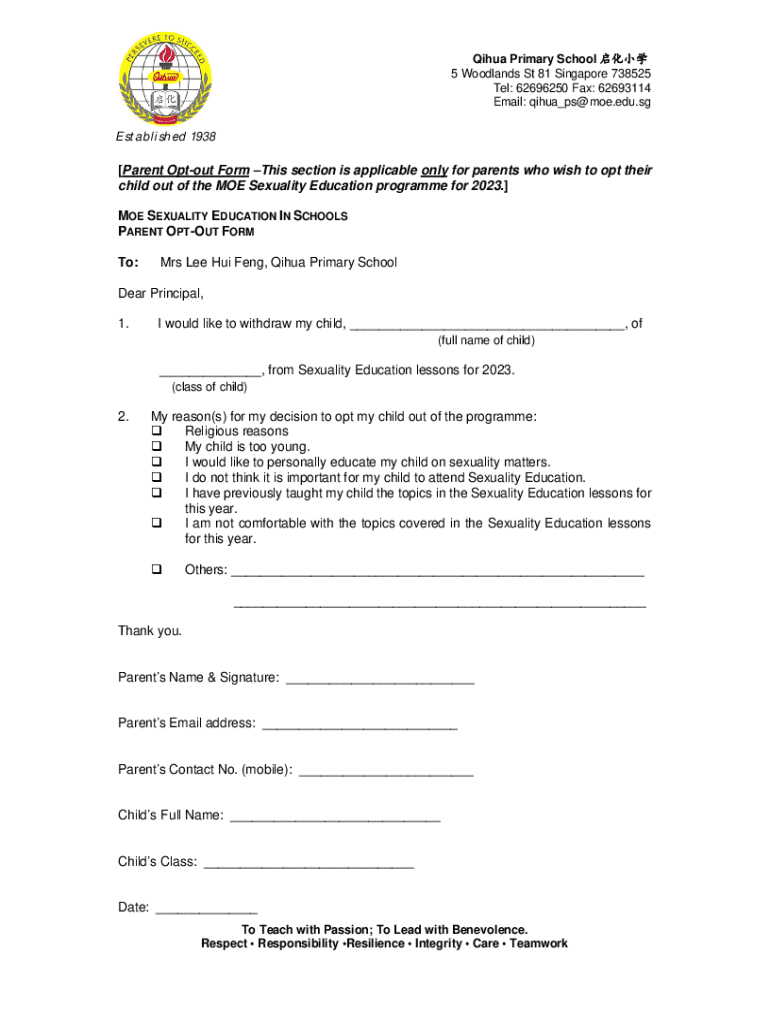 Fillable Online Parent Opt-out Form - Qihua Primary School Fax Email ...