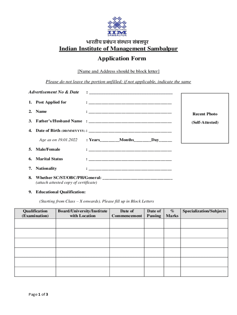 Fillable Online Indian Institute of Management Sambalpur Application ...