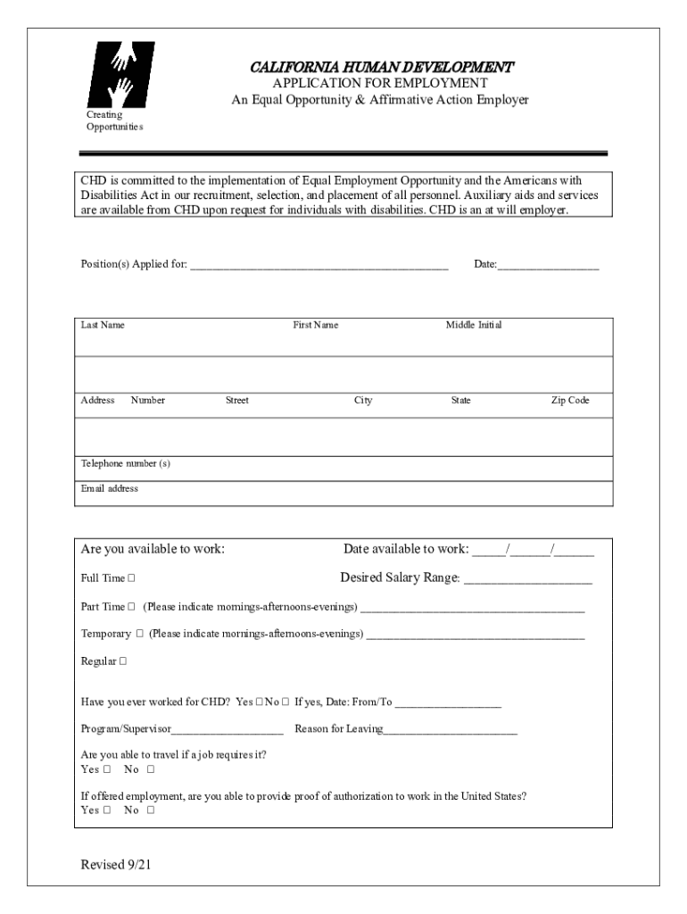 Fillable Online California Human Development - Application for ...