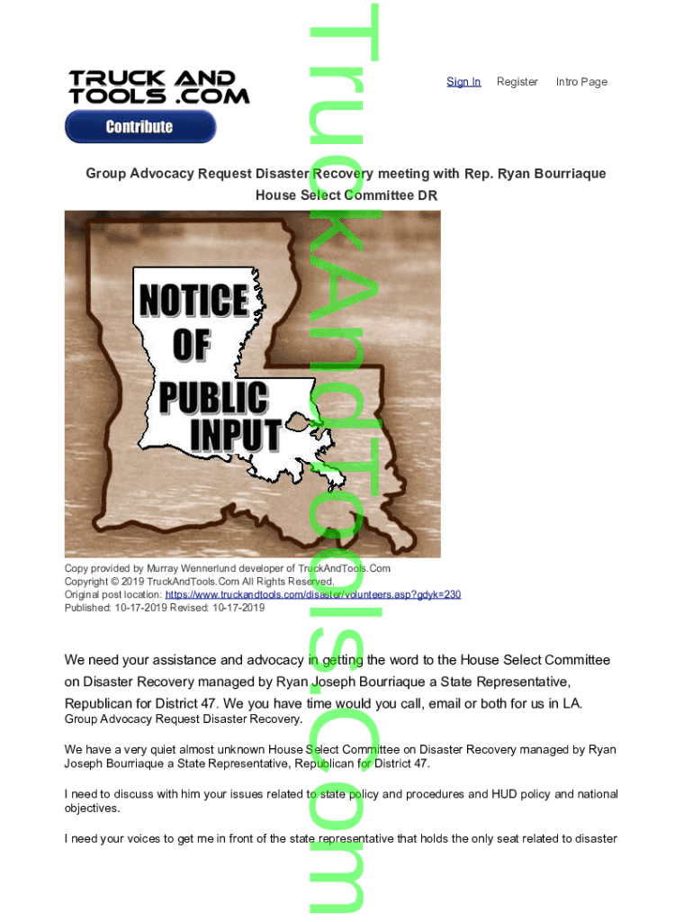 Fillable Online Group Advocacy Request Disaster Recovery meeting with Rep. Ryan Bourriaque House ...