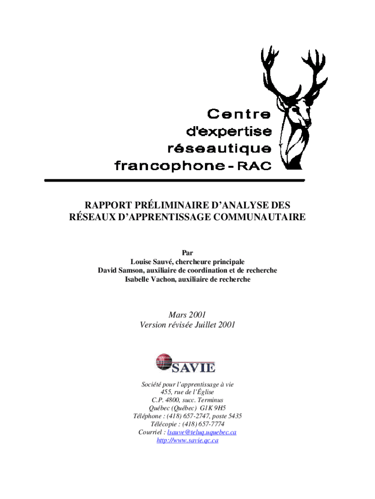 Remplissable En Ligne RAPPORT PRLIMINAIRE D'ANALYSE DES ... - SAVIE Fax Email Imprimer - pdfFiller
