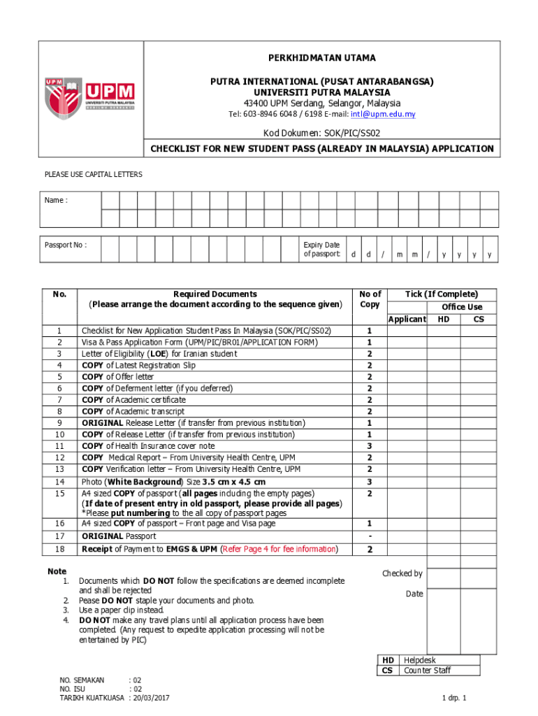 Fillable Online checklist for new student pass (already in malaysia ...