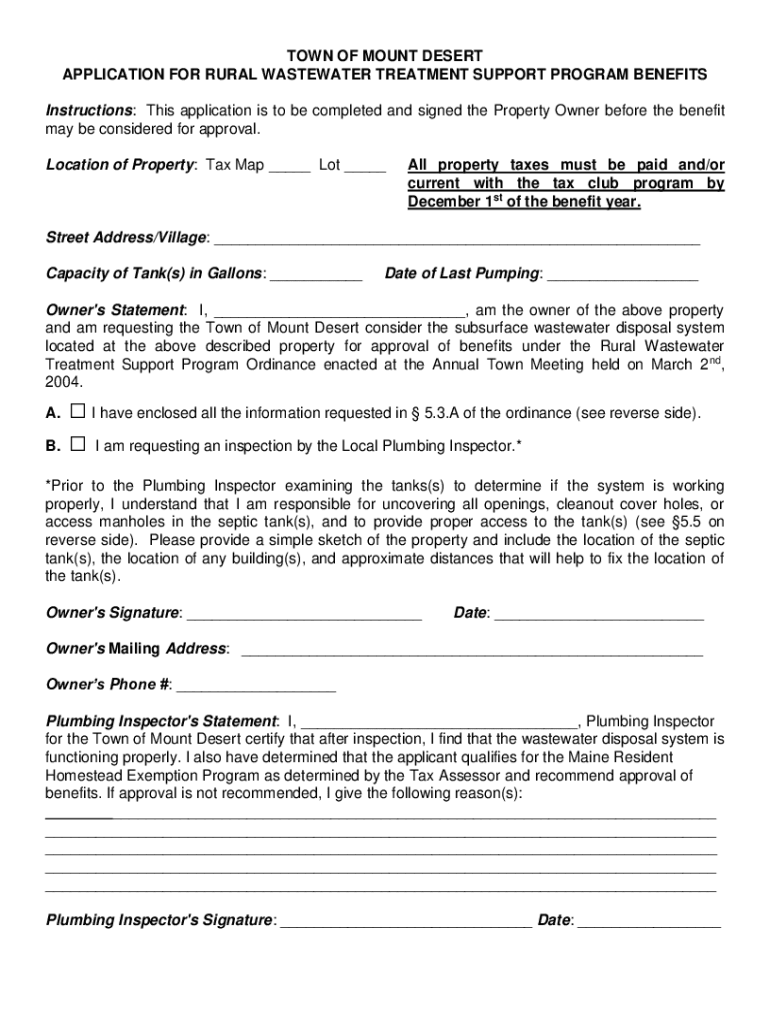 Fillable Online Town of Mount Desert Application for Rural Wastewater ...