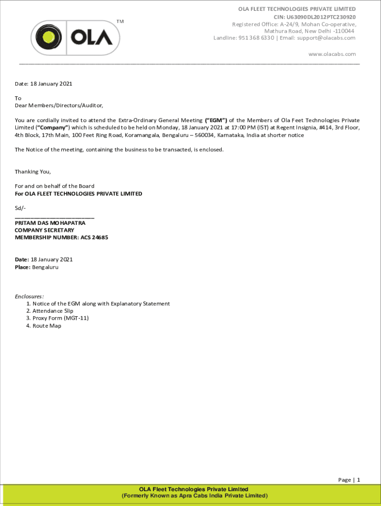 Fillable Online OLA FLEET TECHNOLOGIES PRIVATE LIMITED CIN ... Fax Email Print - pdfFiller