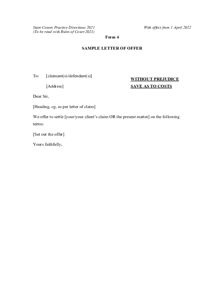 Fillable Online Form 4 SAMPLE LETTER OF OFFER To: claimant(s)/defendant ...
