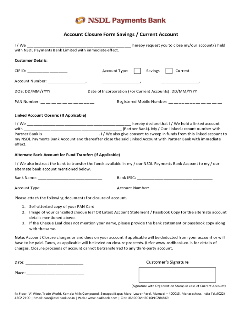 Fillable Online Account Closure Form Savings / Current Account Fax ...