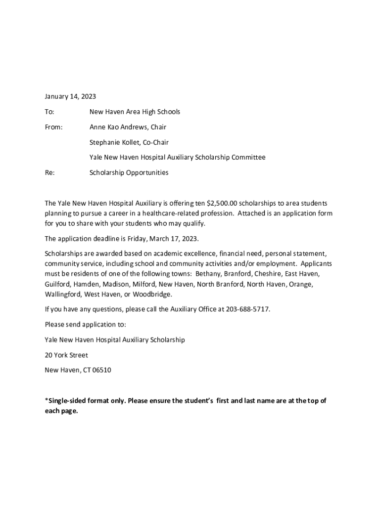 Fillable Online YNHH Auxiliary Scholarship - Cover letter and ...