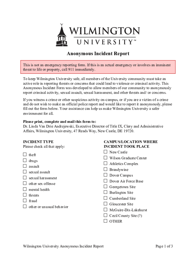 Fillable Online Wilmington University Anonymous Incident Report Form Fax Email Print - pdfFiller