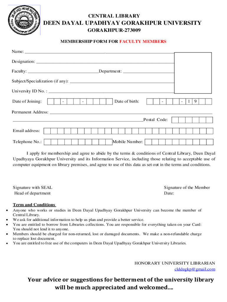Fillable Online Membership form - Form - CENTRAL LIBRARY DEEN DAYAL ...