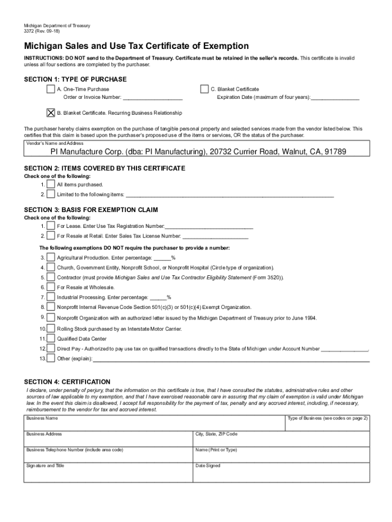Fillable Online 3372, Michigan Sales and Use Tax Certificate of ...
