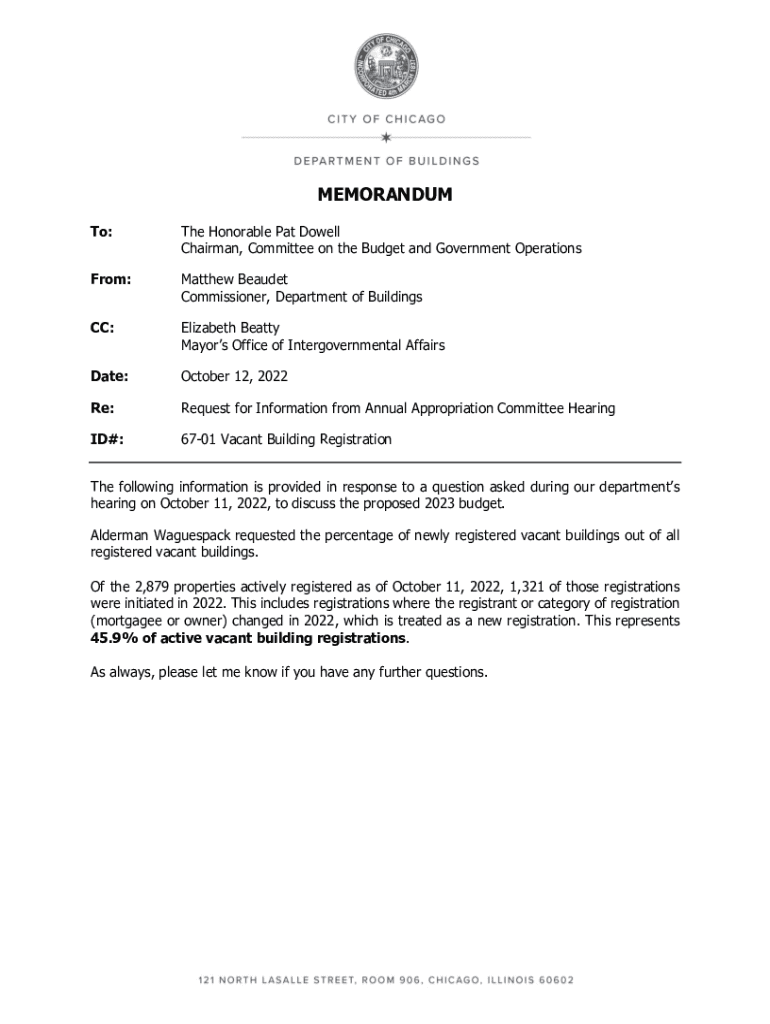 Fillable Online MEMORANDUM - City of Chicago Fax Email Print - pdfFiller