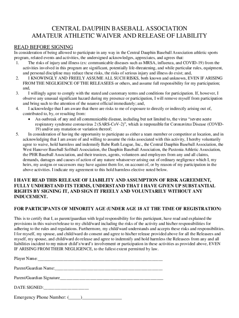 Fillable Online CENTRAL DAUPHIN BASEBALL ASSOCIATION AMATEUR ... Fax ...