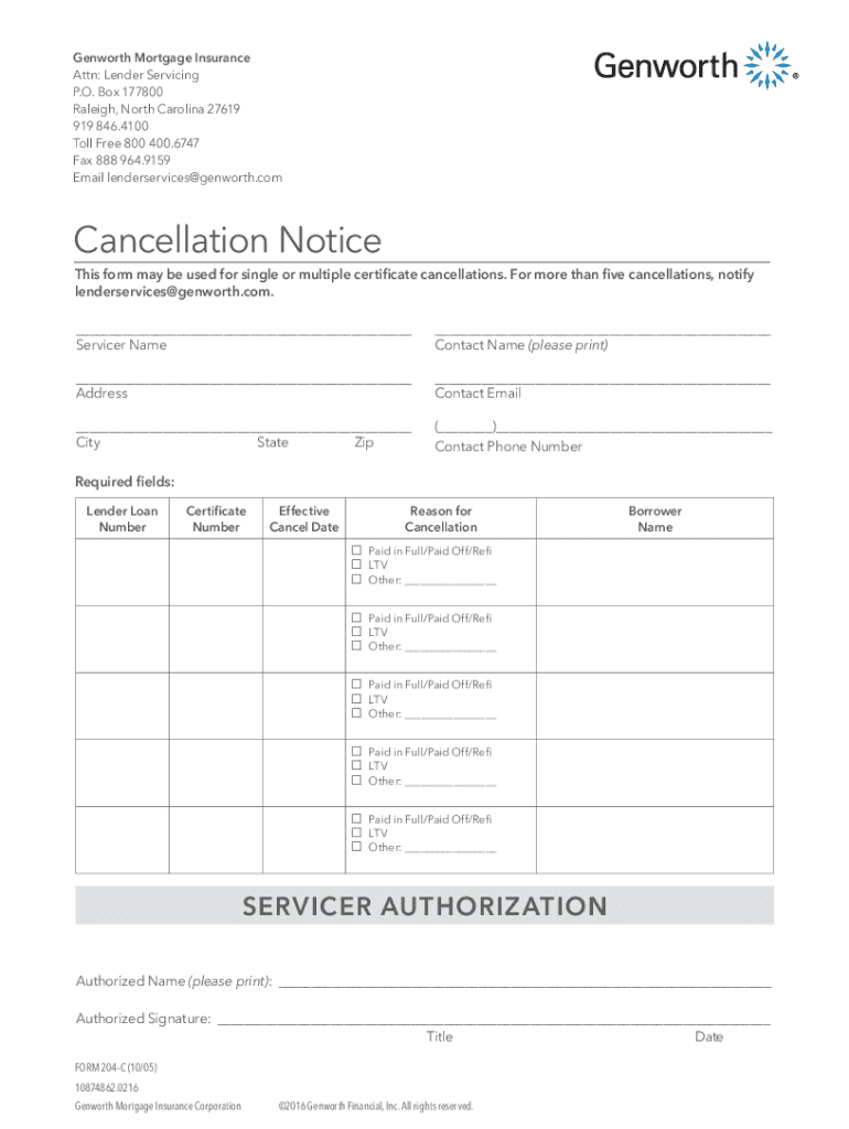 Fillable Online Cancellation Notice - Enact - MI Servicing Fax Email ...