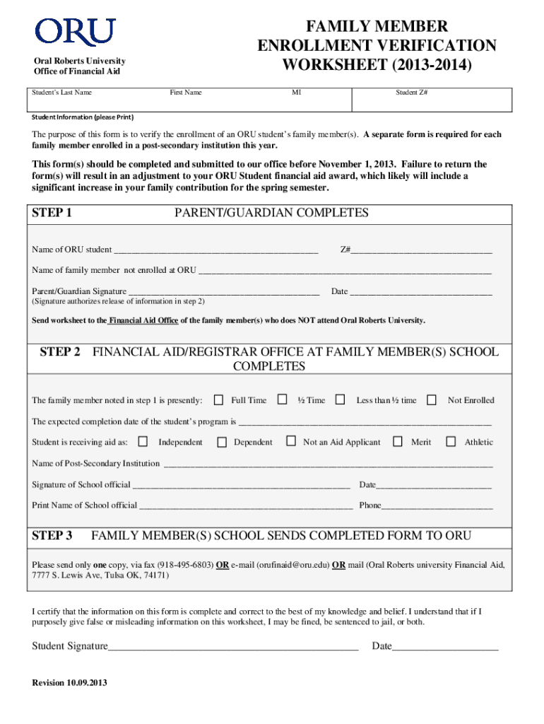Fillable Online 1314 VF - Dep Verification Worksheet - Oral Roberts University Fax Email Print ...