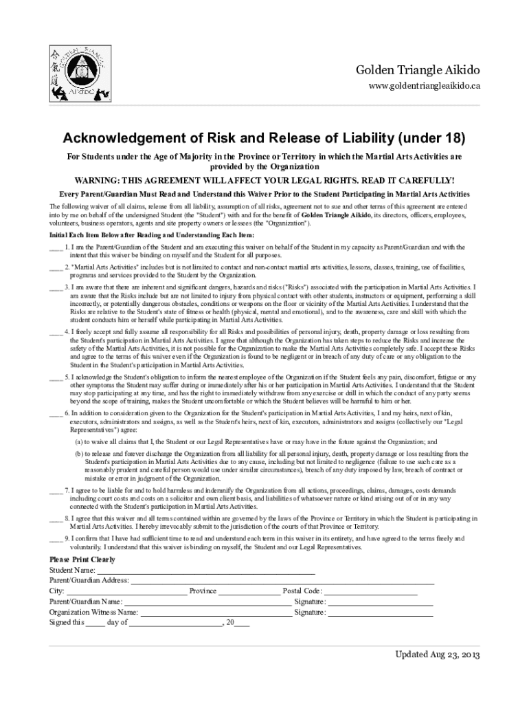 Fillable Online Acknowledgement of Risk and Release of Liability (under ...