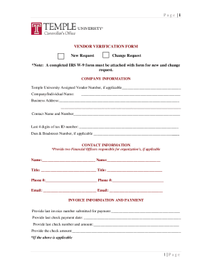 Fillable Online alumni temple Page VENDOR VERIFICATION FORM New Request ...